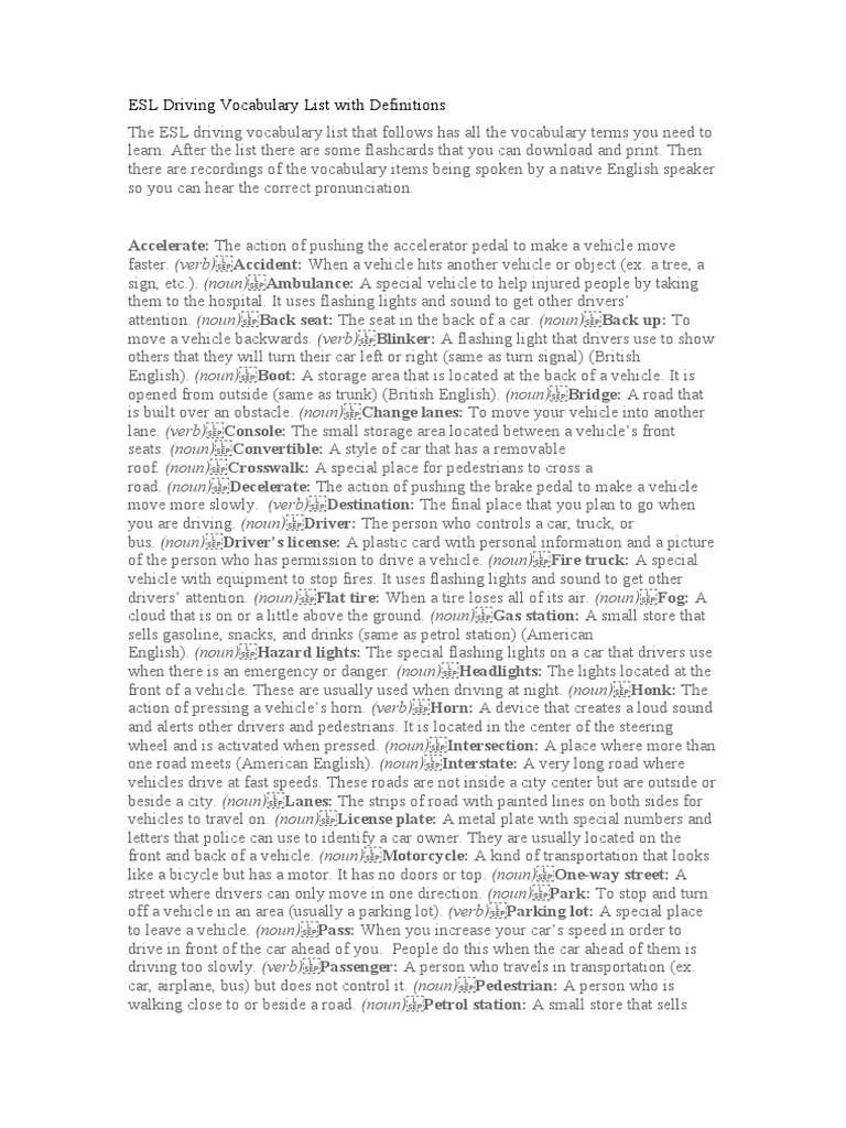 ESL Driving Vocabulary List With Definitions | PDF | Vehicles | Trunk (Car)