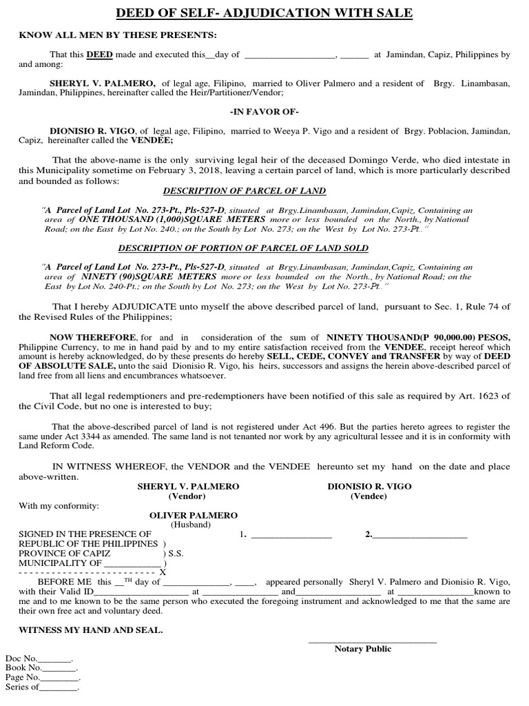 DEED OF SELF-ADJUDICATION WITH SALE | Real Property Law | Natural ...