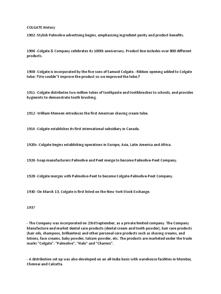 Colgate-Palmolive Company History | PDF | Hygiene | Dentistry