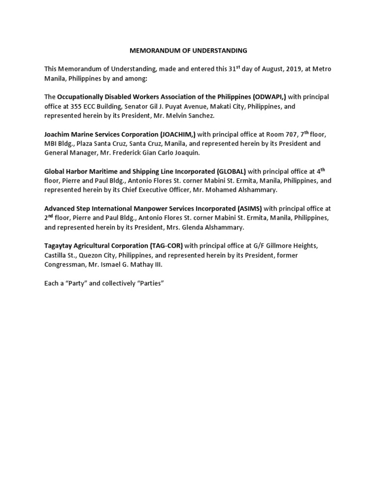MOU: ODWAPI, JOACHIM, GLOBAL, ASIMS, TAG-COR | PDF