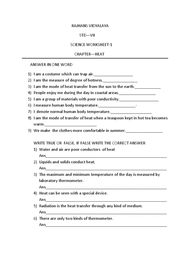Class 7 Heat and Temperature Worksheet | PDF | Heat | Thermometer