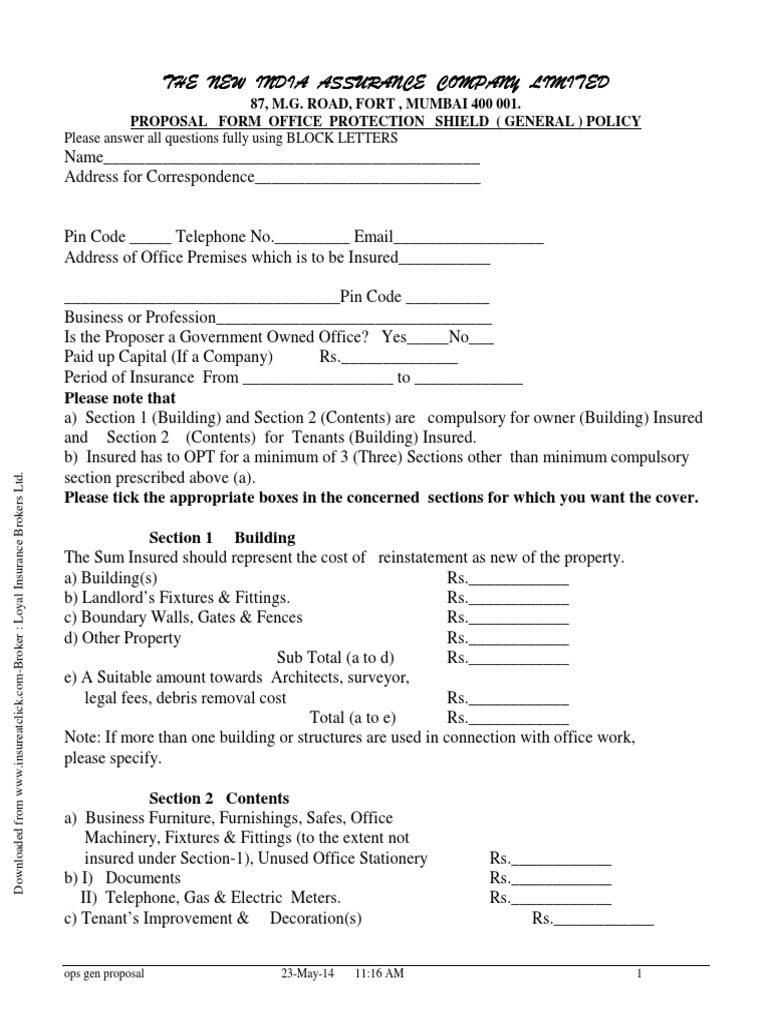New India Office Protection Shield Insurance Proposal Form | PDF ...
