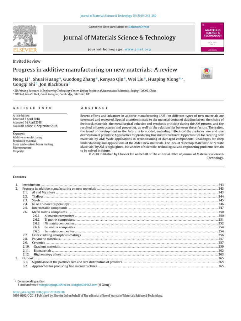 Progress in Additive Manufacturing On New Materials - A Review | PDF ...