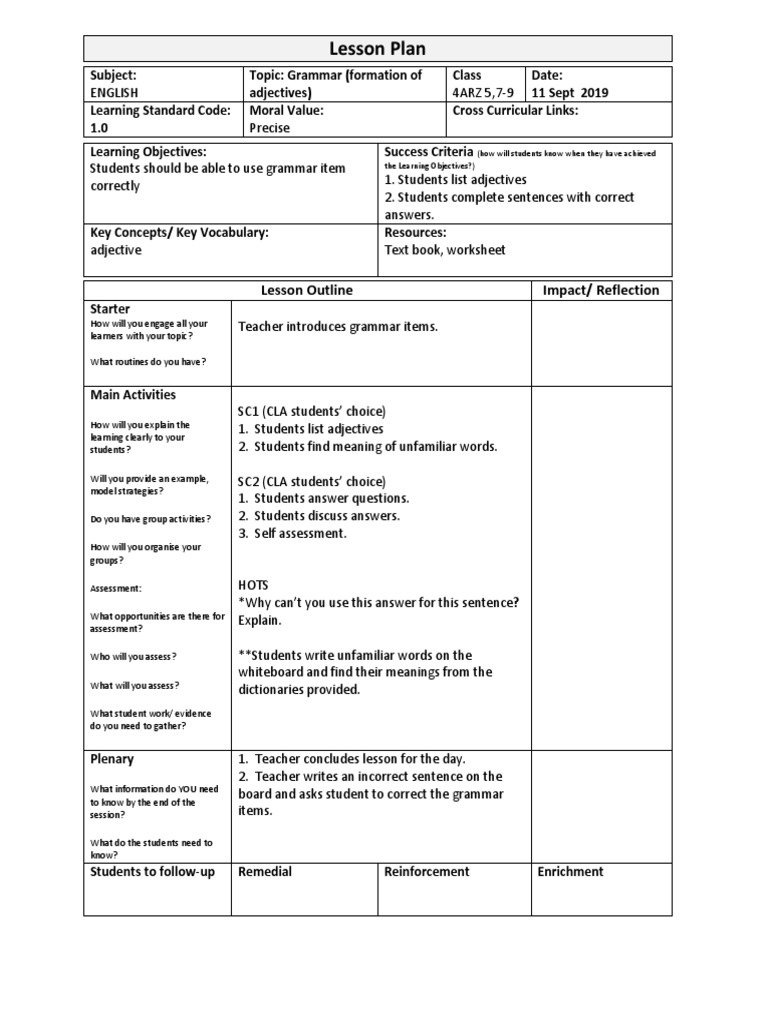 Grammar Formation of Adjectives | PDF | Lesson Plan | Education Theory