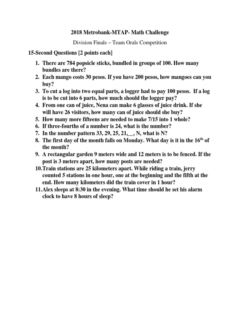 Metrobank-MTAP Math Challenge Division Finals | PDF | Nature