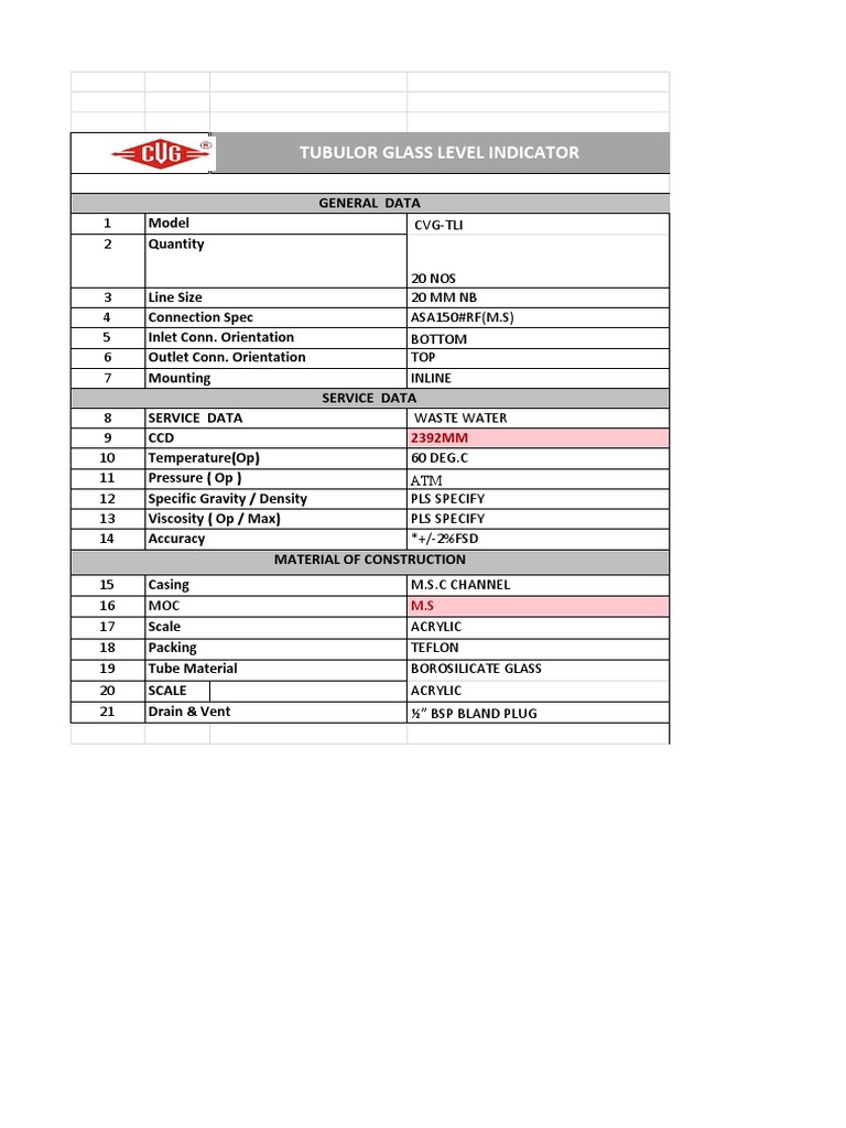 Level Gauge Data Sheet | PDF