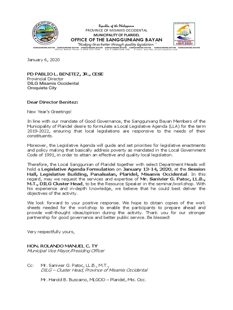 Legislative Agenda 2020 Invitation Letter To The Resource Speaker | PDF