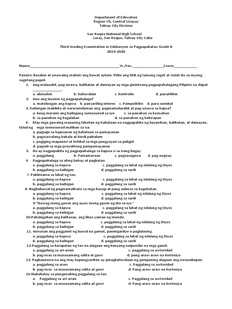 3rd Grading EsP Grade 8 | PDF