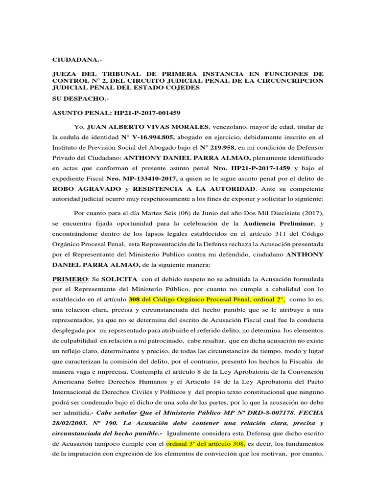 Contestacion A La Acusacion Fiscal Anthony Parra | PDF | Procedimiento ...