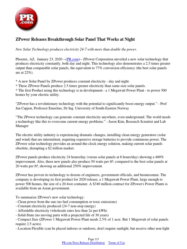 ZPower Releases Breakthrough Solar Panel That Works at Night | PDF ...