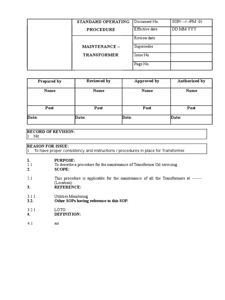 Standard Operating Procedure Maintenance | PDF | Transformer ...
