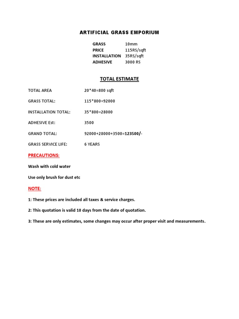 Quotation For Artificial Grass | PDF