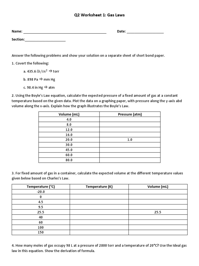 Gas Laws Practice Worksheet | PDF | Gases | Mole (Unit)