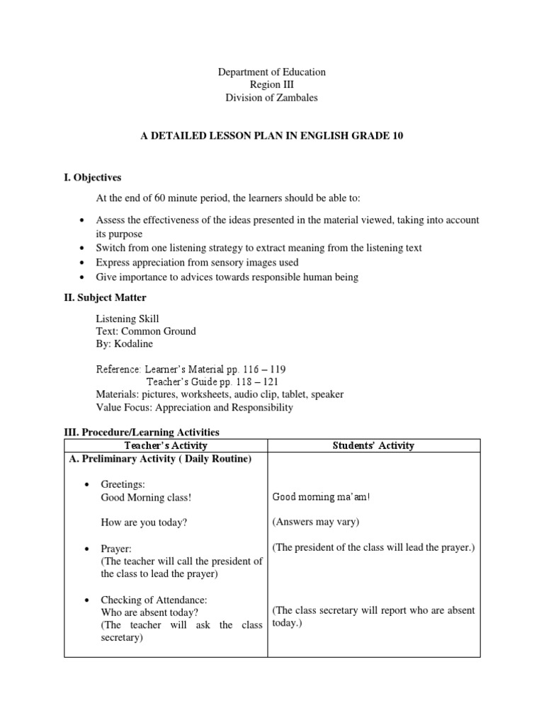 Detailed Lesson Plan in English 10 | PDF | Lesson Plan | Learning