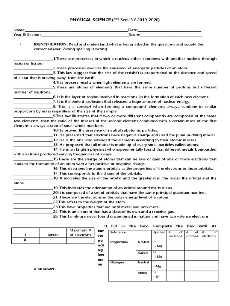Physical Science Quiz | PDF | Atoms | Ion