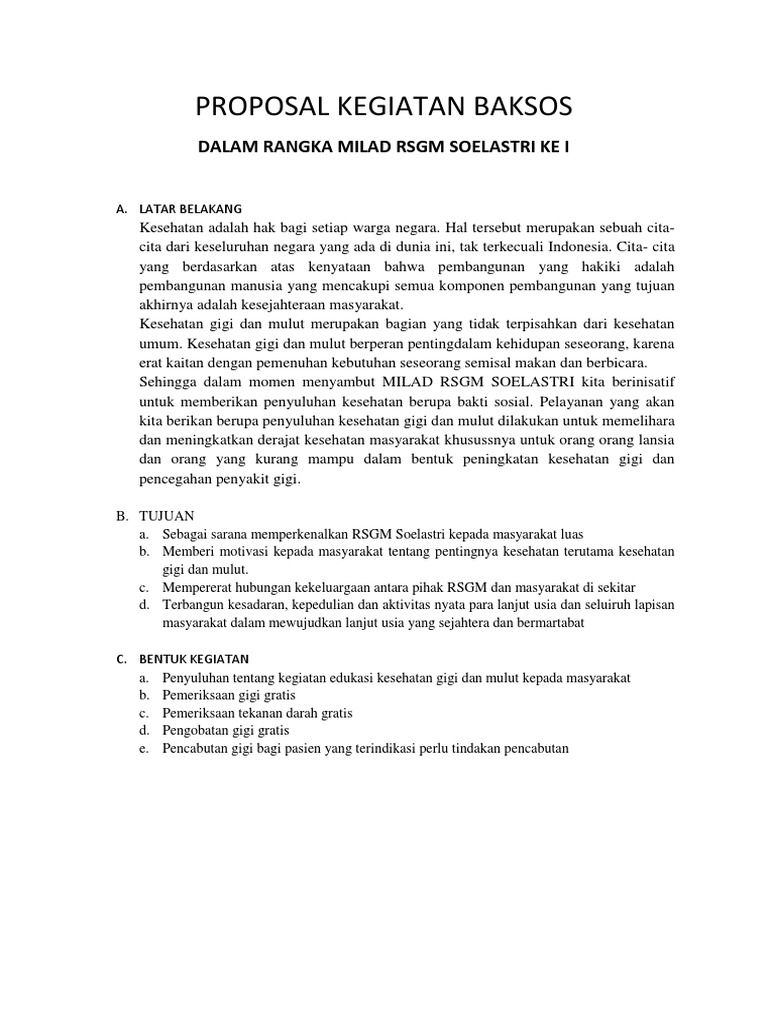Proposal Kegiatan Baksos Dalam Rangka MILAD RSGM Soelastri 11 Desmber ...