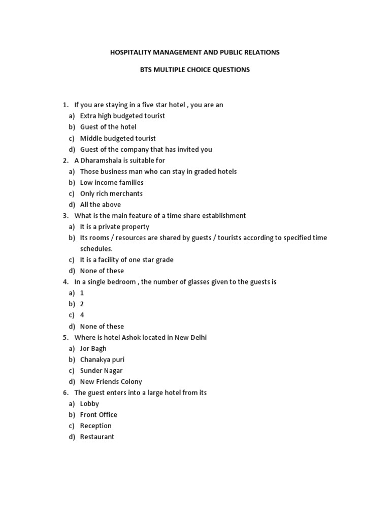 Hospitality Management and Public Relations BTS Multiple Choice ...