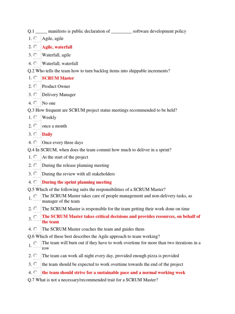 Agile Scrum Quiz - 40 Questions on Agile Manifesto, Scrum Roles, Artifacts and Practices | PDF ...