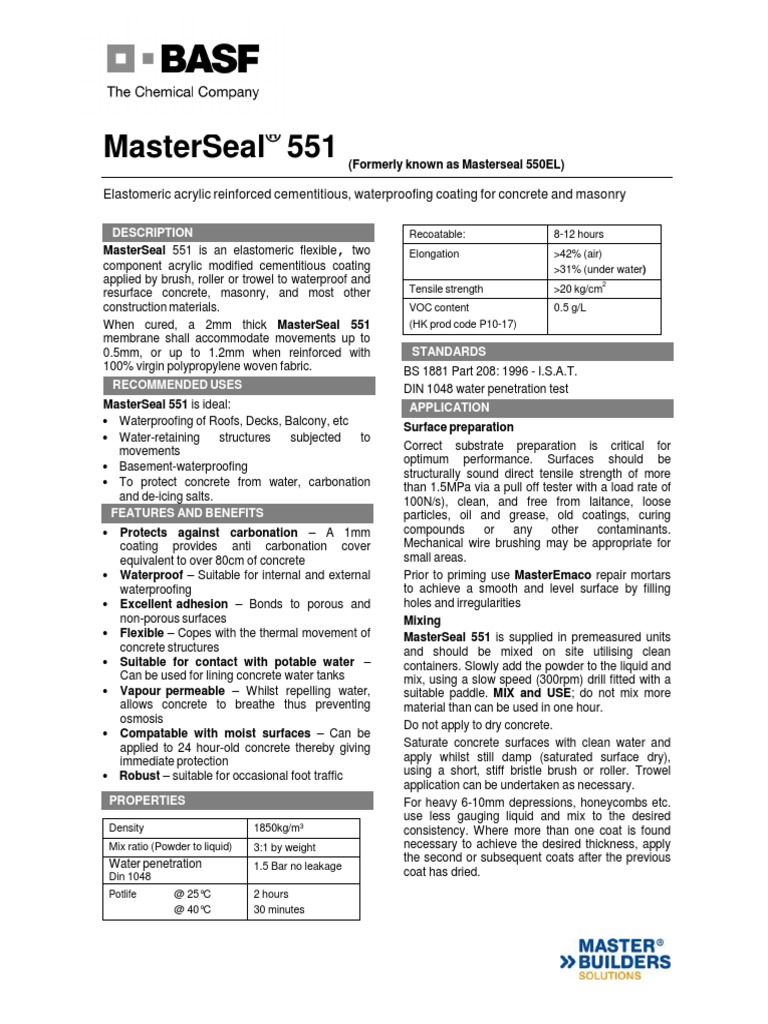 Masterseal - 551 | PDF | Concrete | Masonry