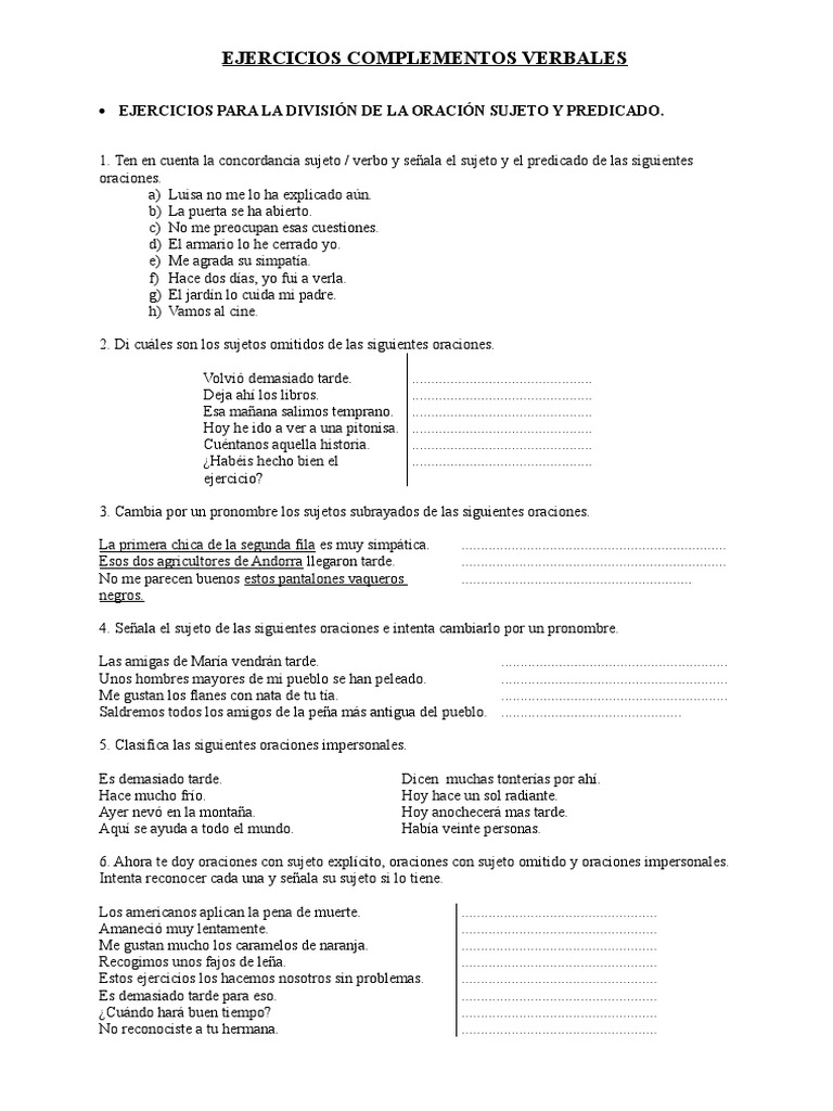 Ejercicios Complementos Verbales | PDF | Asunto (gramática) | Verbo