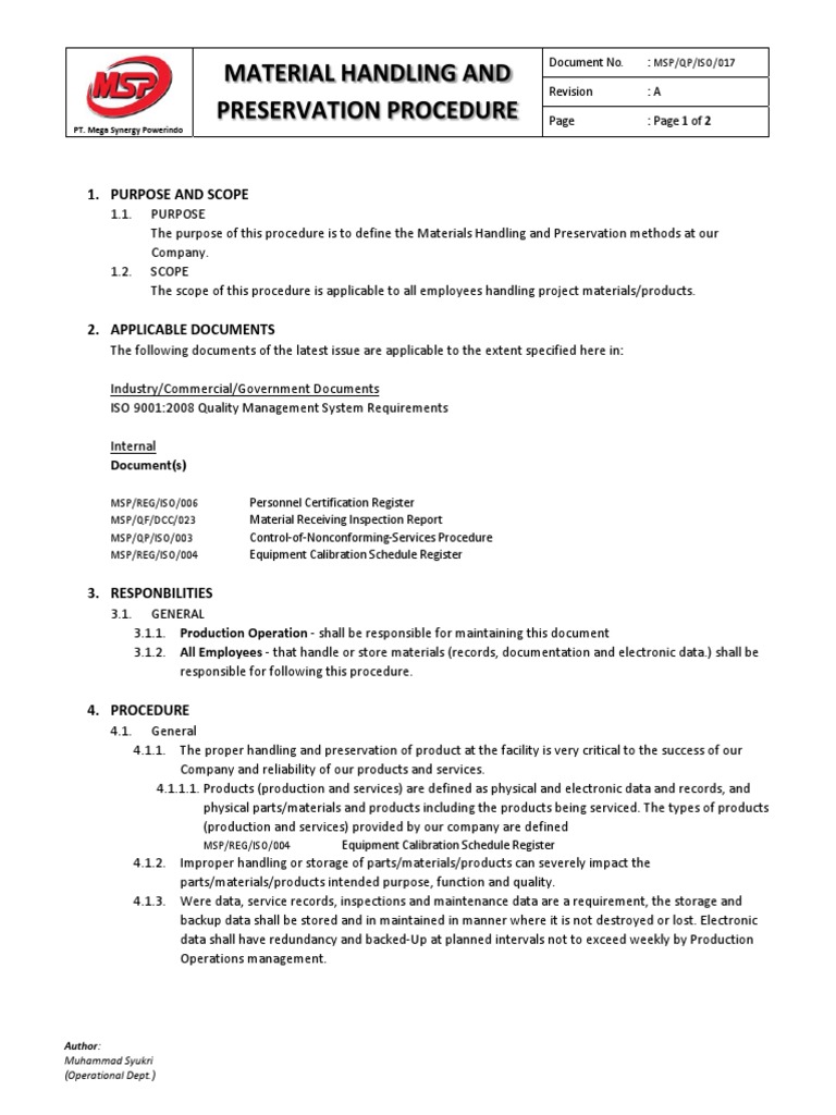 Material Handling and Preservation Procedure PDF | PDF | Quality Assurance | Backup