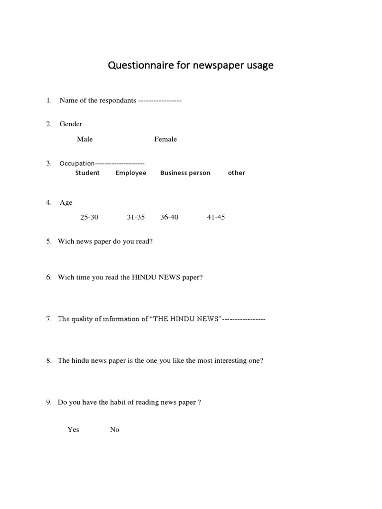 Newspaper Usage Questionnaire Survey | PDF