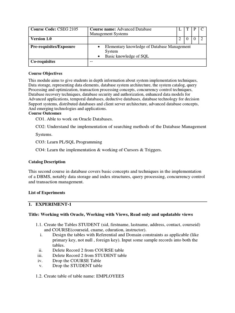 Working with Advanced Database Concepts and Oracle PL/SQL Programming | PDF | Database Index ...