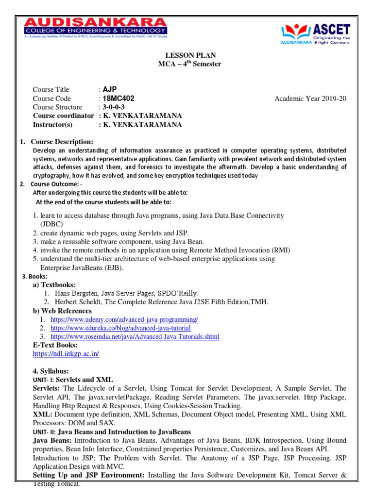 MCA - AJP - Lesson - Plan PDF | PDF | Java Server Pages | Java Servlet MCA - AJP - Lesson - Plan PDF | PDF | Java Server Pages | Java Servlet