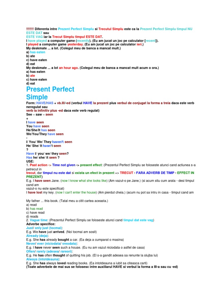 Prezent Perfect Simplu vs. Trecut Simplu Limba Engleza | PDF ...