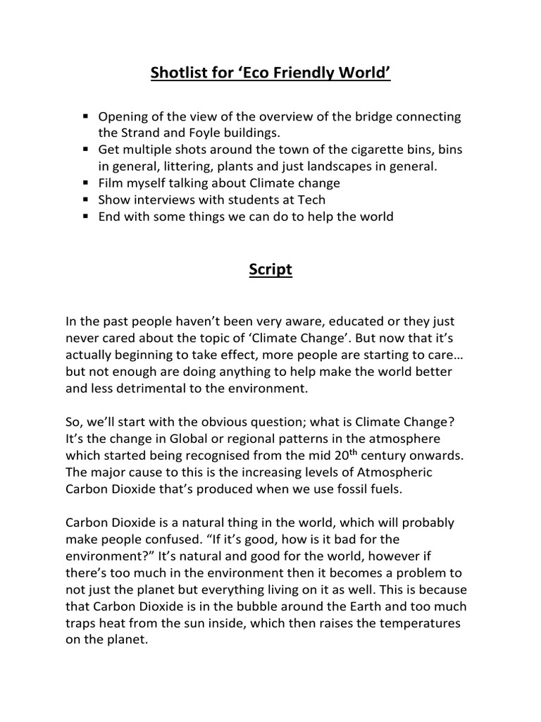 Shotlist and Script For Eco Friendly World | PDF | Earth | Climate Change
