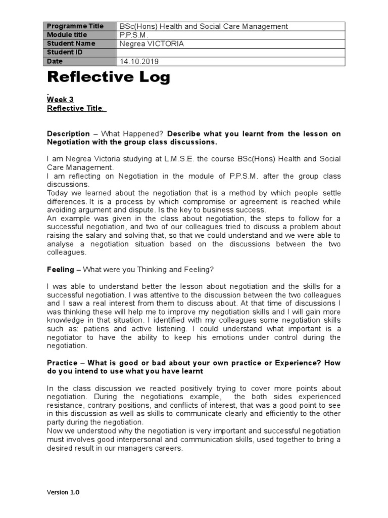 Reflective Log TEMPLATE Negotiation | PDF | Negotiation | Conversation