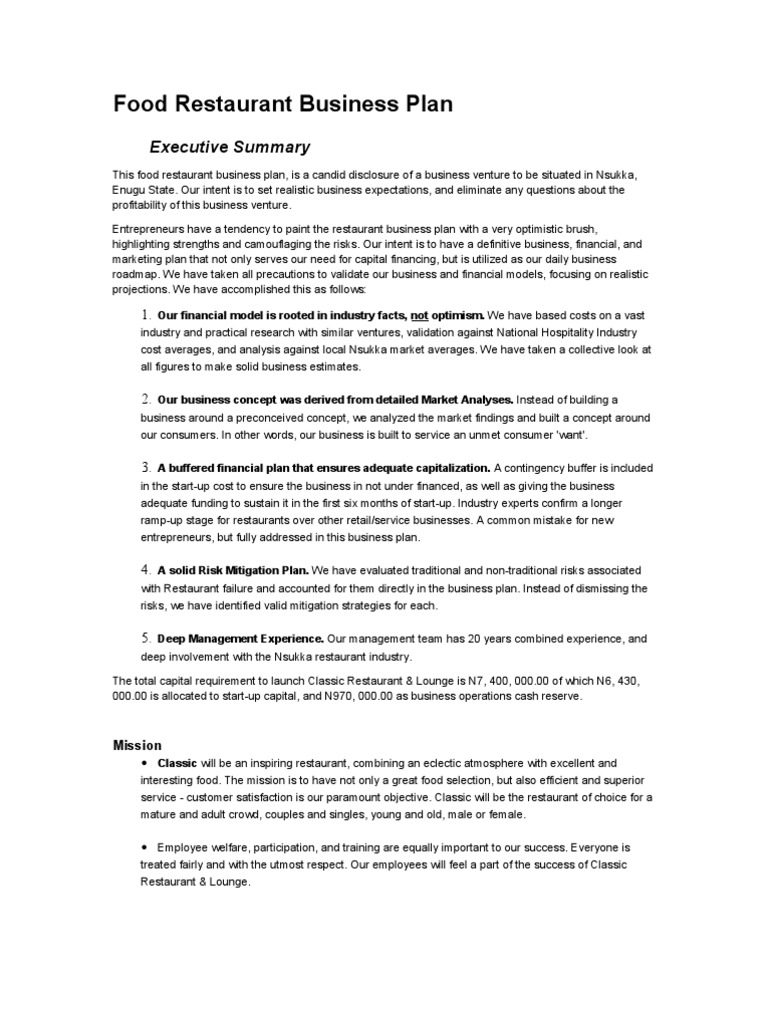 Food Restaurant Business Plan | PDF | Restaurants | Menu