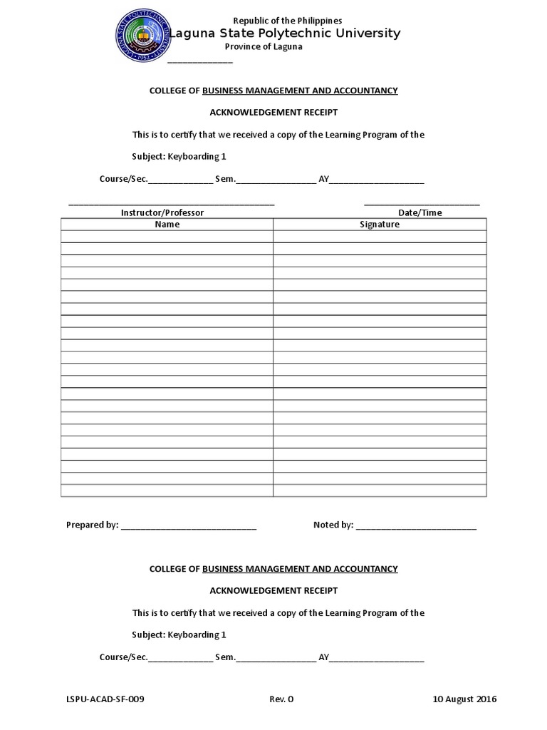 09 Lspu Acad Syllabus Acknowledgment Receipt | PDF | Accounting ...
