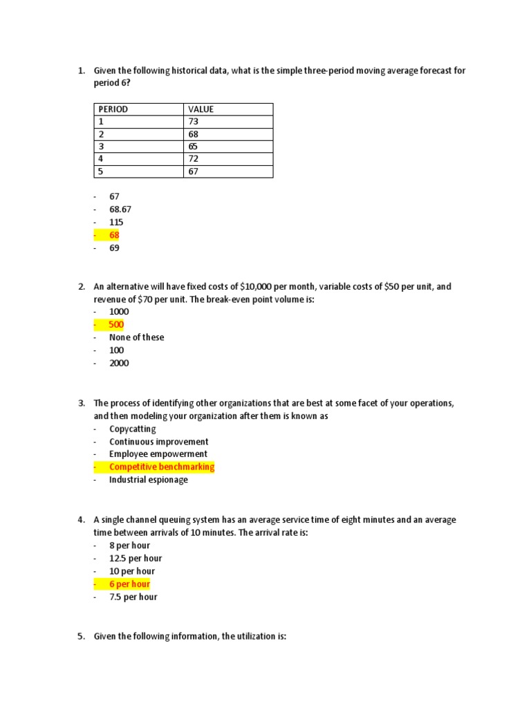 OM Assessment Exam Answers | PDF | Inventory | Forecasting