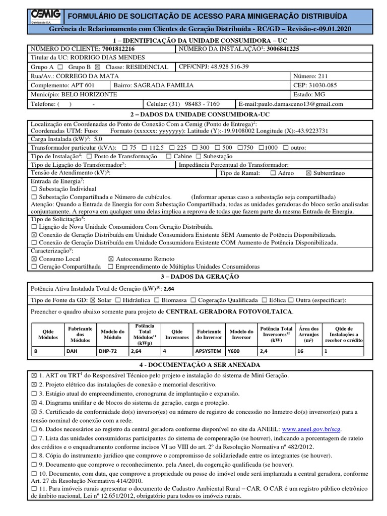 Formulario GD cEMIG | PDF | Potência (Física) | Fotovoltaica