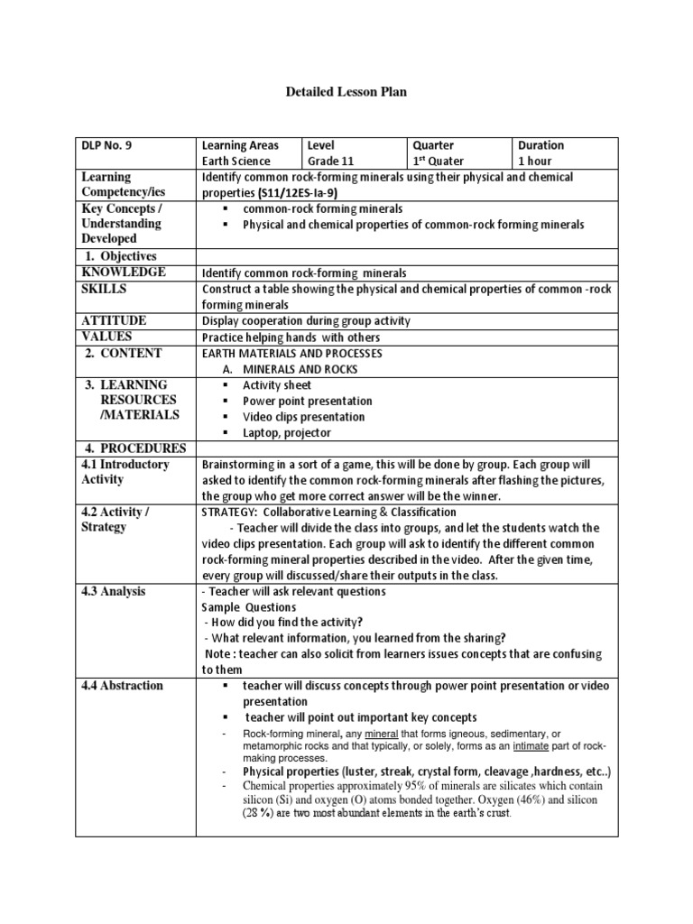 Grade 11 Lesson Plan: Rocks & Minerals | PDF | Minerals | Rock (Geology)