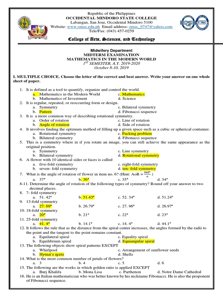 Midterm Exam - Math Mid1a, B | PDF | Set (Mathematics) | Empty Set