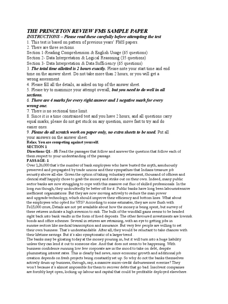 The Princeton Review Fms Sample Paper: INSTRUCTIONS - Please Read These ...