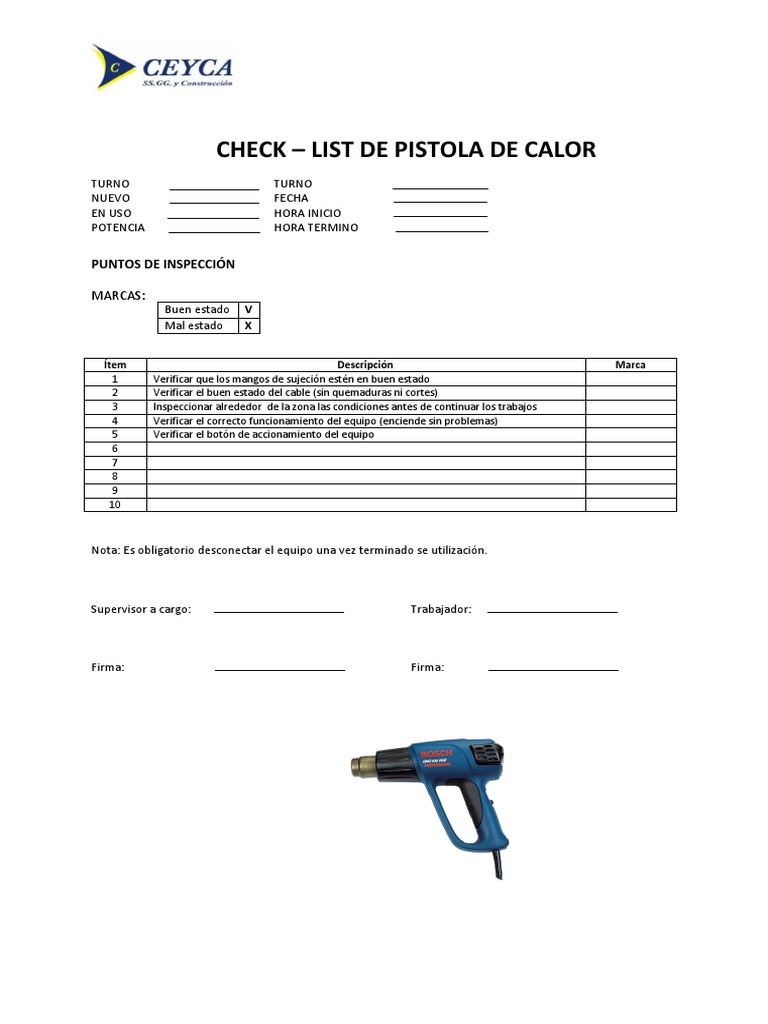 Check - List de Pistola de Calor