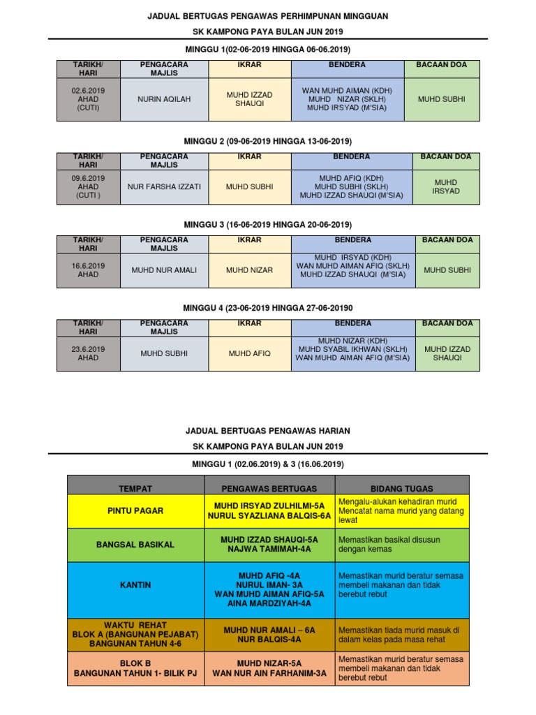 Jadual Bertugas Pengawas 2019 | PDF