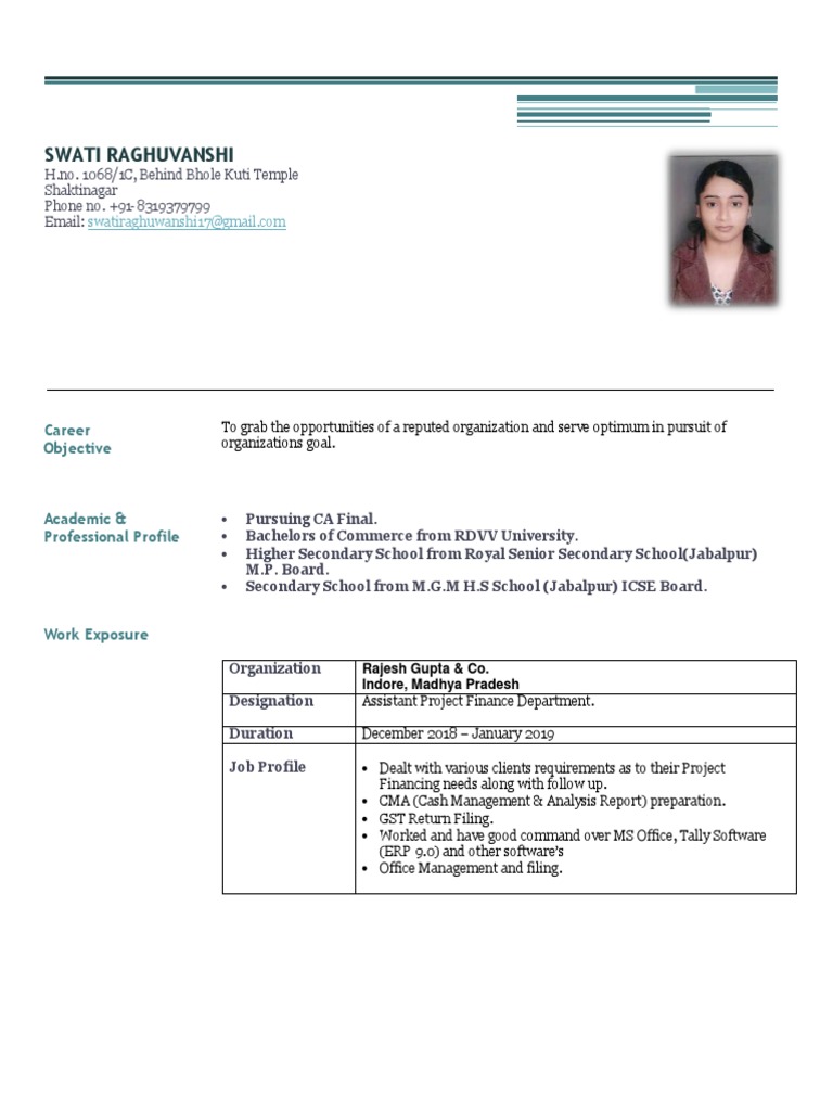 Resume - Swati Raghuwanshi 2019 | PDF | Accounting | Economies