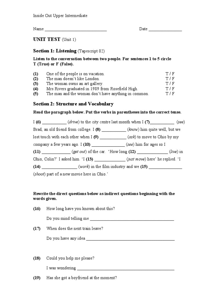 Unit Test 1 | PDF | Question | Clothing