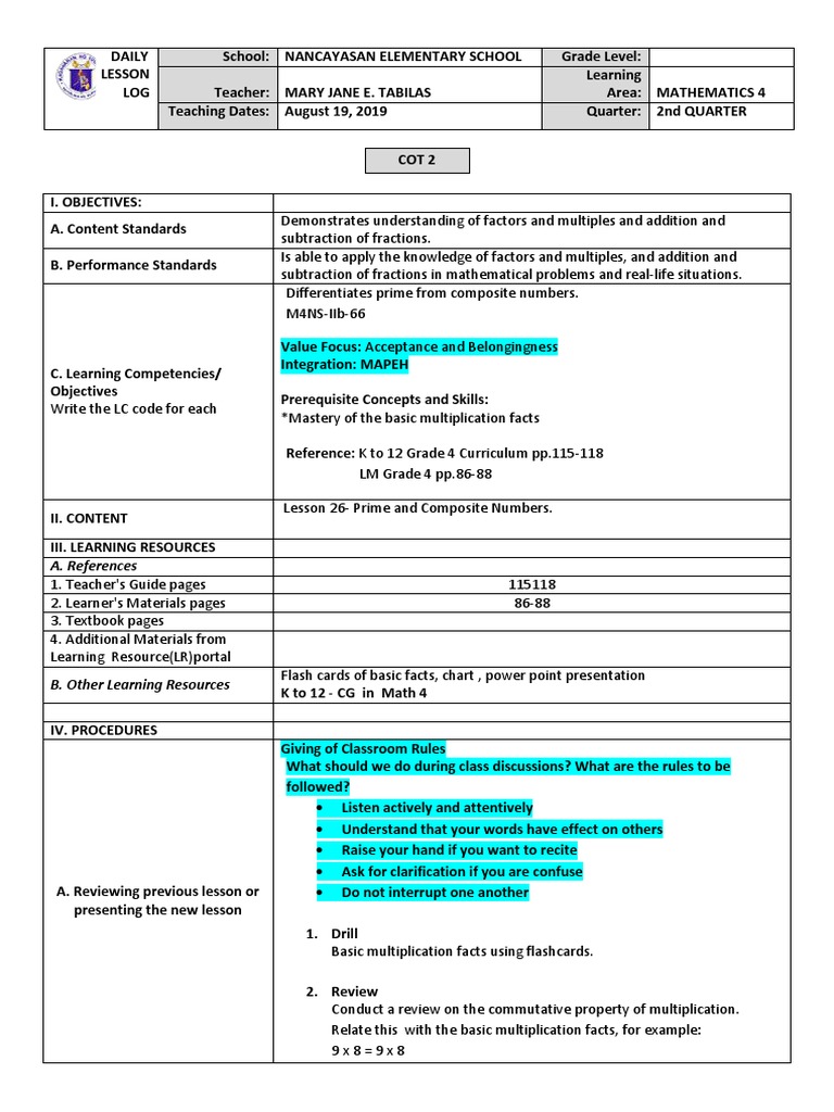 2nd Cot Math 4 Pdf Prime Number Numbers