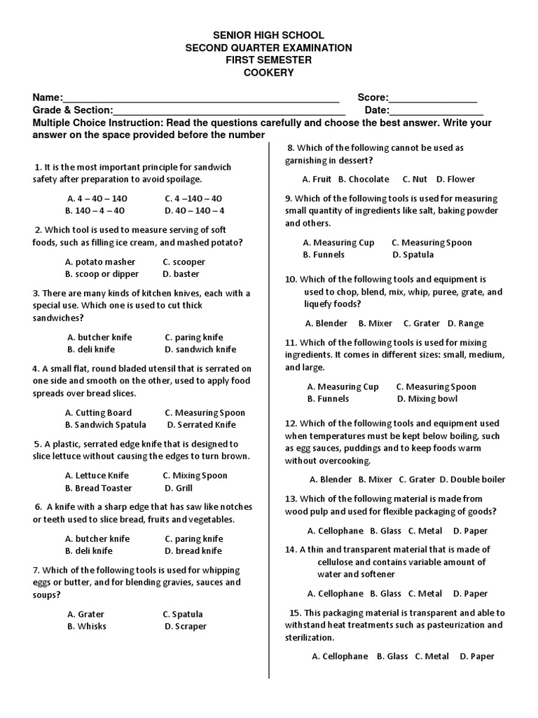 Exam 2nd Quarter Cookery | PDF | Desserts | Spoon