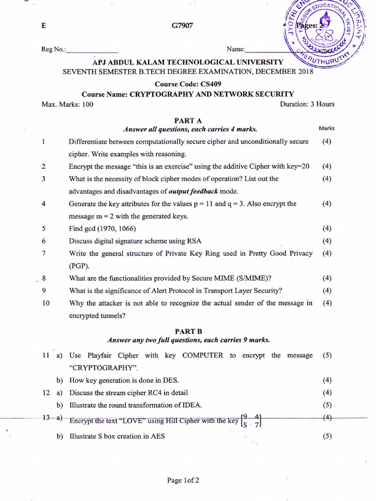 CS409 Cryptography and Network Security, December 2018 | PDF | Cryptography | Encryption