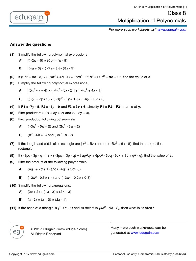 Grade 8 Multiplication of Polynomials in PDF | PDF | Area | Multiplication