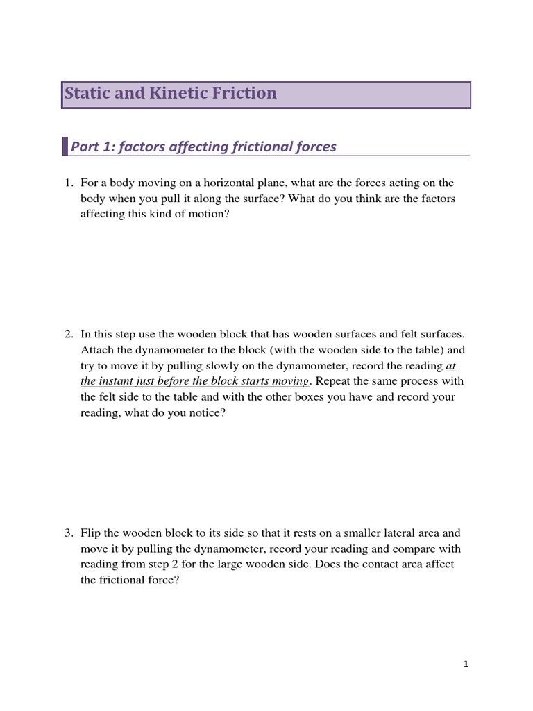 Friction Student Work Sheet | PDF | Friction | Force