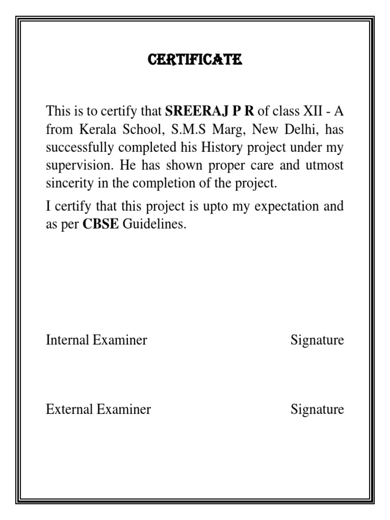 Certificate for Class 12 History Project | PDF