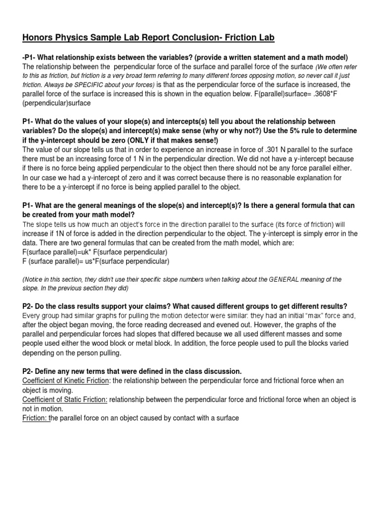 Sample Friction Lab Conclusion | PDF | Friction | Force