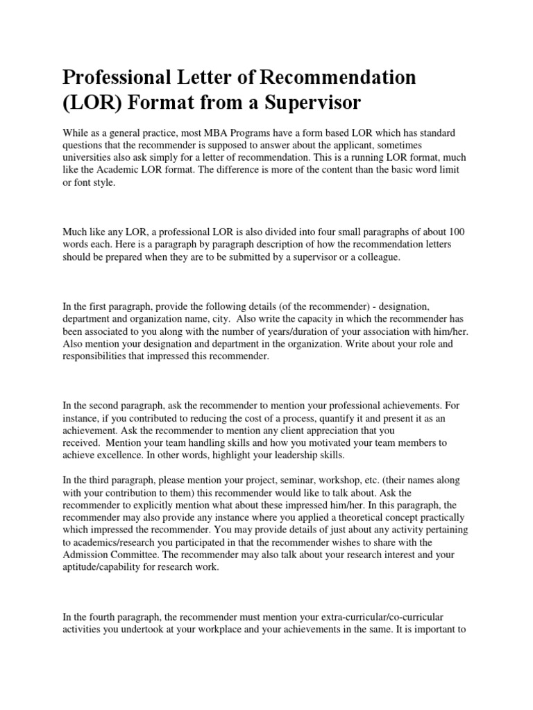 Professional LOR Format from Supervisor | PDF | Paragraph | Psychology